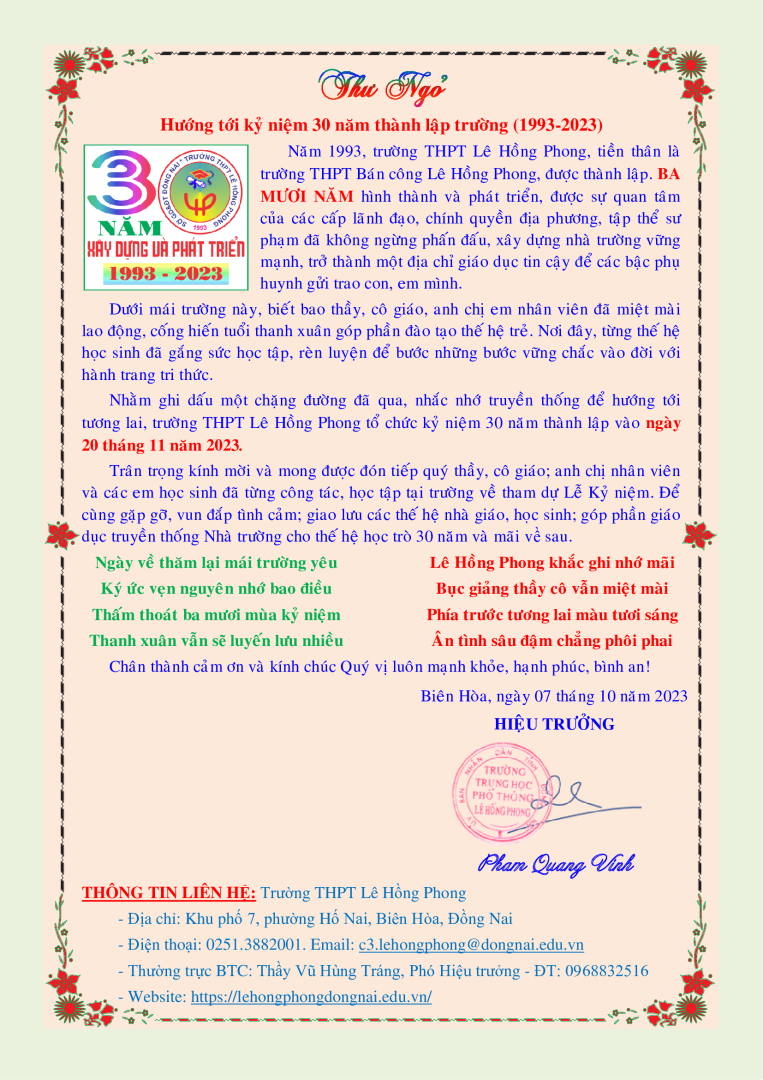 Thư ngỏ kỷ niệm 30 năm thành lập trường (1993-2023)